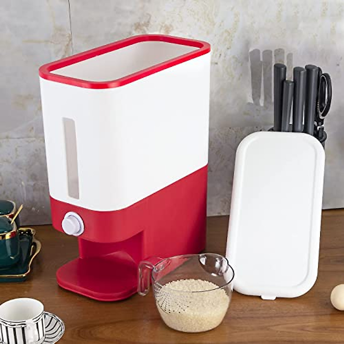 Rubtlamp 20 Lbs Rice Dispenser, Large Dry Food Container With Lid, Rice Storage Container With Measuring Cylinder, Cereal Dispenser Moisture Proof Household Food Dispenser Bucket, For Christmas