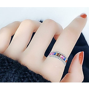VPKJewelry 18K Gold Plated Rainbow Ring Wedding Band for Women Ladies Emerald Cut Multi Color Created-Gemstone Eternity Ring (Multicolor, 9)