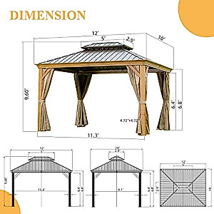 10' x 12' Hardtop Gazebo Outdoor Aluminum Wood Grain Gazebos with Galvanized Steel Double Canopy for Patios Deck Backyard,Curtains&Netting by domi outdoor living