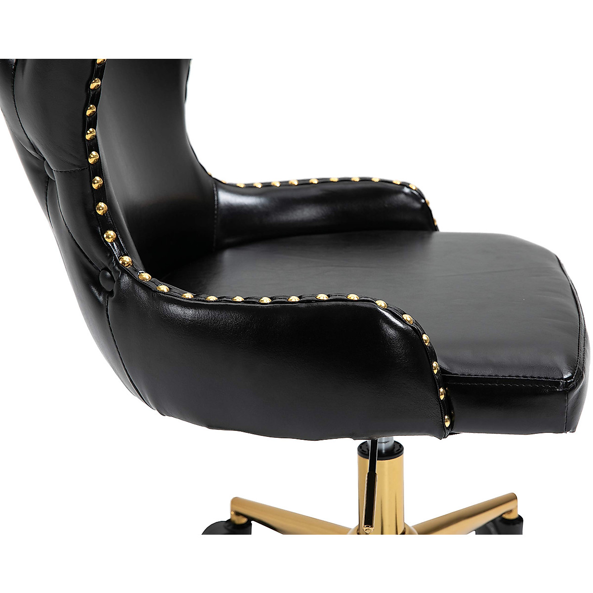 Meridian Furniture 167Black Hendrix Collection Modern Contemporary Vegan Leather Upholstered Swivel Adjustable Office Chair with Button Tufting and Gold Base, Black, 21.5" W x 24" D x 30.3"-32.6" H