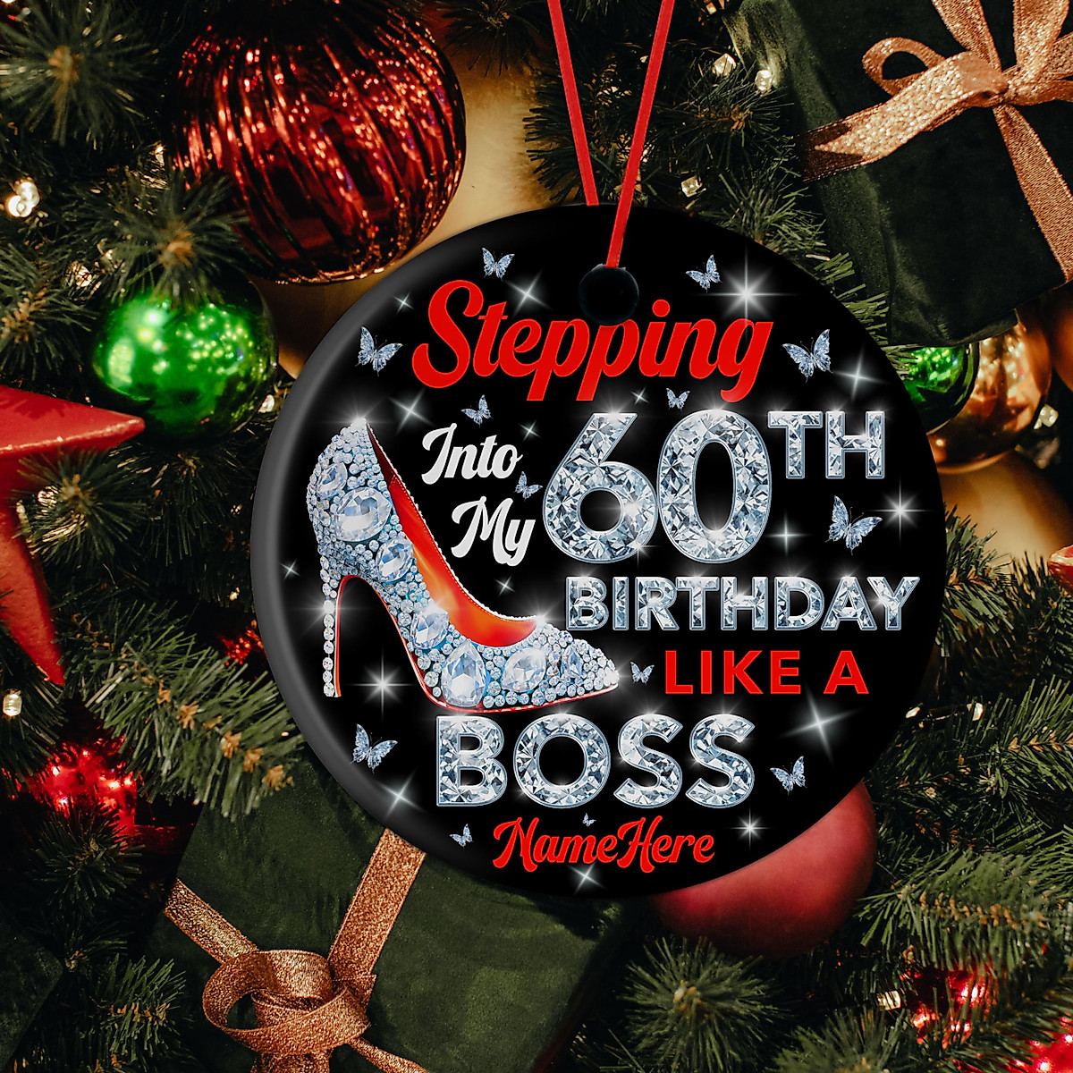 Personalized 60th Birthday Ornament Glittered High Heel Round Ceramic Ornament 3 Inch Keepsake for Birthday Christmas Tree Decoration Inspirational Awesome Bday Party Gift for Women Girls Friends