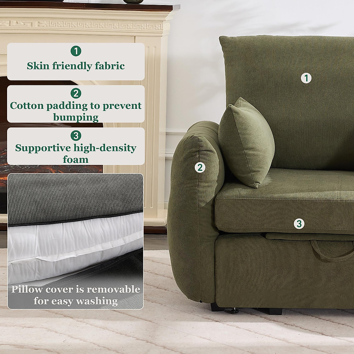 HOMYEDAMIC 34" Modular Sectional Sofa 1 Storage Seat, Oversized Modular Couch Convertible Large Wide Comfy Sofa for Living Room Apartment Office Studio(6018-GREEN-1S)