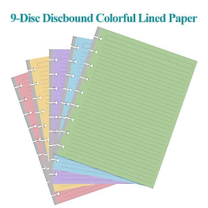 9-Disc Discbound 5 Colorful Line Paper Pre-punched Happy Planners Inserts, 100Sheets/200Pages Classic Size Line Loose-Leaf Paper, Per Color 20 Sheets, 7" x 9.25"