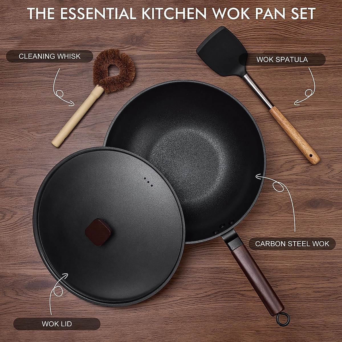 Carbon Steel Wok Pan - 12.9" Wok Pan with Lid, Woks & Stir-fry Pans Nonstick with Spatula & Brush, Chinese Wok Flat Bottom Wok for Induction, Electric, Gas, All Stoves