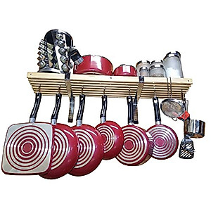36" wooden wall mounted pot rack with 10 hooks. Wall rack. Pan rack. Hanging pot rack. Wood Pan Pot hanger. Hanging pot holder. Kitchen wall shelf. Kitchen pots pans organizer shelf 36x10 inch chrome
