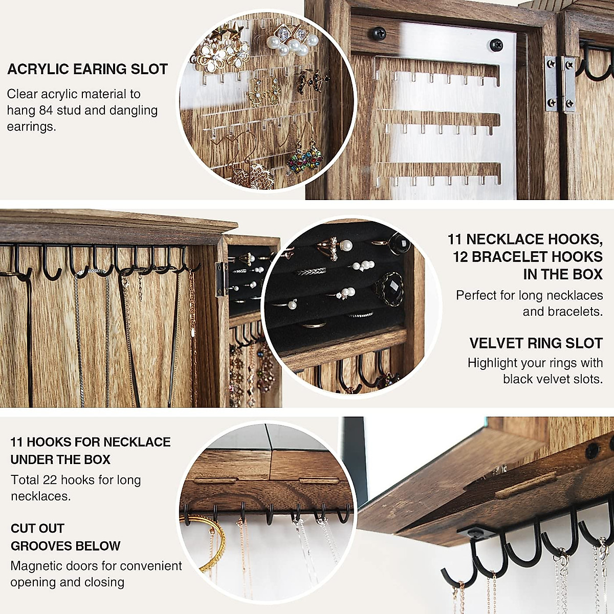 J JACKCUBE DESIGN Rustic Wall Mounted Jewelry Organizer, Wood Hanging Jewelry Holder Cabinet with Acrylic Mirror for Necklaces Earrings Bracelets Rings Wooden Barndoor Decor - MK606A