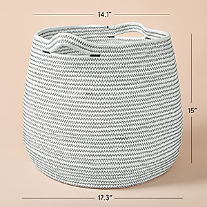 LA JOLIE MUSE 15” Large Cotton Rope Storage Basket with Handles, Versatile Organization and Storage Bin Organizer, Natural and Safe for Baby and Kids, 15”(H)*14.2”(D), White, Zig Zag Line Patterned