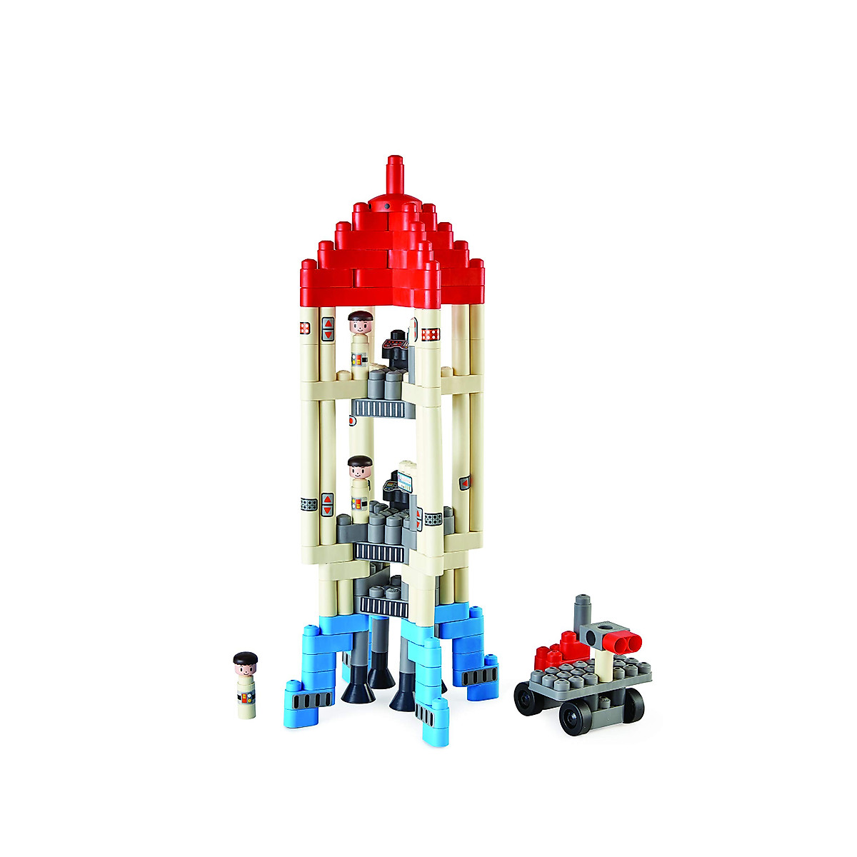 Hape PolyM Space Adventure Rocket Construction Kit | 138 Piece Building Brick Toy Play Set for Kids - Figurines and Accessories Included