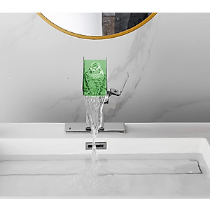 Chrome Bathroom Sink Faucet One Hole LED Waterfall Spout RGB 3 Colors Light Changing Lavatory Vanity Faucets Brass Single Handle Modern Washbasin Bath Tap Include Plates to Cover Holes Residential