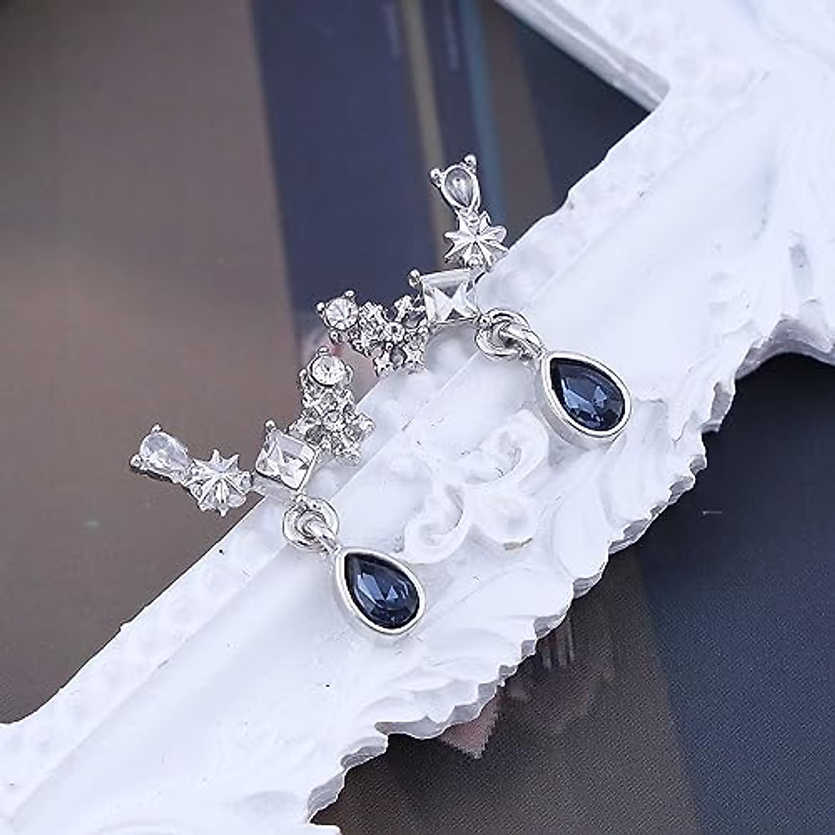 Sttiafay Vintage Teardrop Sapphire Earrings Crystal Climber Earrings Blue Sapphire Dangle Earrings Silver Sparkly Cz Rhinestone Earrings Jewelry for Women and Girls