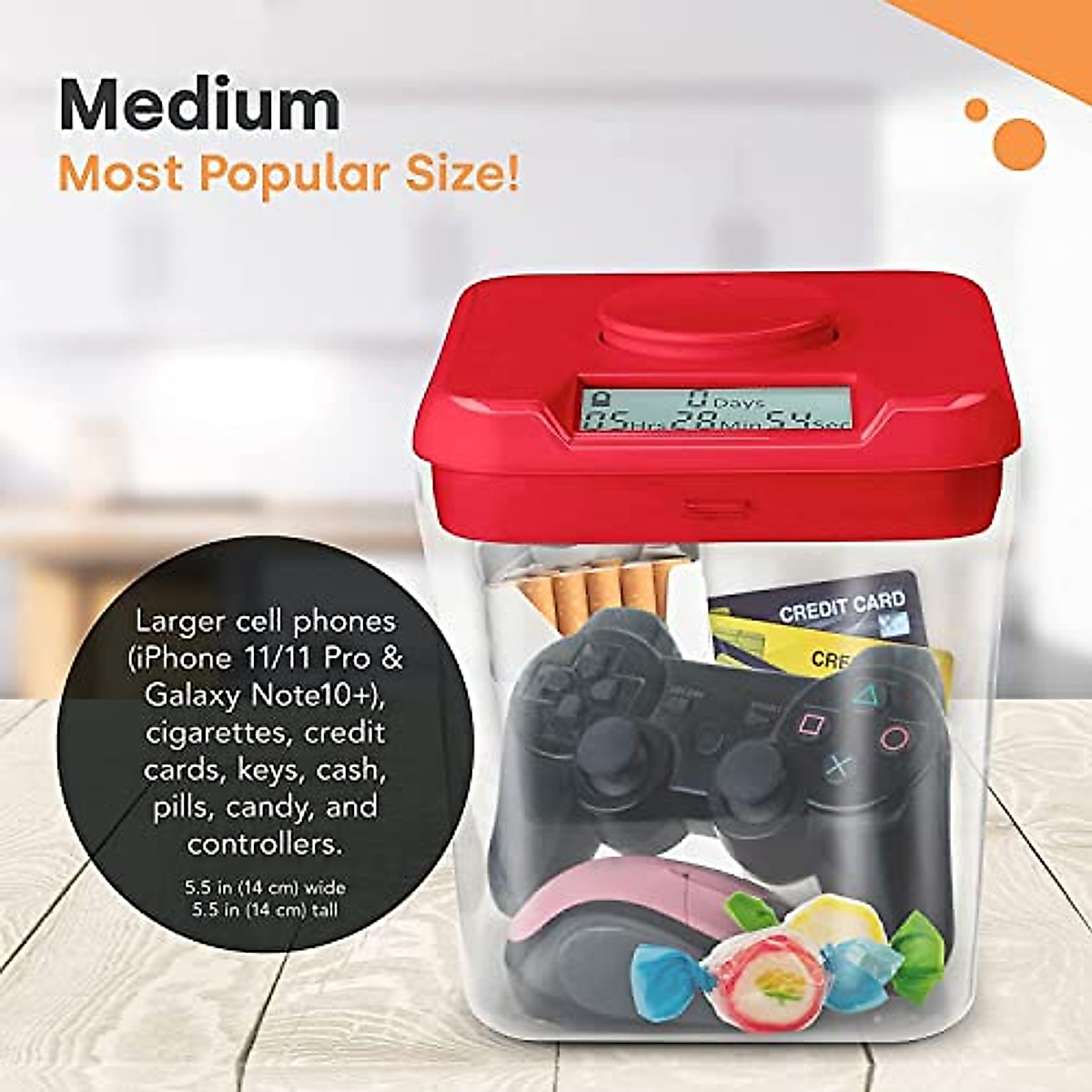 Cell Phone Lock Box with Timer - Phone Jail Timed Lock Box - KSafe Time Lock Box for Snacks, Food & Cell Phones - Phone Safe Box with Timer & Snack Lock Box (Medium, Blue Lid + 5.5” Clear Base with Access Port)