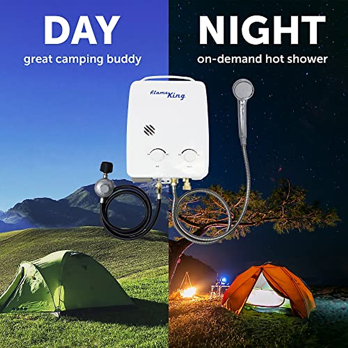 Flame King YSNAZ132 Portable Tankless Water Heater Propane Gas 5L 1.32GPM at 34,000 BTU, Outdoor Instant Hot Water Shower for RV, Camping, Farm, Cabins
