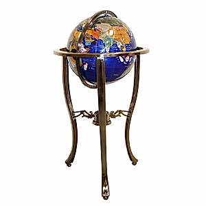 Unique Art Since 1996 Brand 37" Tall Bahama Blue Pearl Swirl Ocean Floor Standing Gemstone World Globe with Tripod Silver Stand and 50 US State Stones