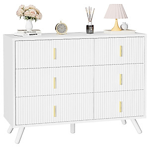 BEWISHOME White Dresser for Bedroom, 6 Drawer Dresser Chests of Drawers with Waveform Fluted Panel, White and Gold Dresser, Modern Wide Dresser Wood dresser for Closet, TV Stand, Hallway, White KCG03W