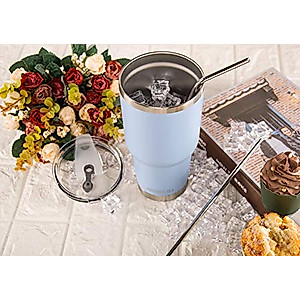 30oz Blue Tumbler Stainless Steel Double Wall Vacuum Insulated Mug with Straw and Lid, Cleaning Brush for Cold and Hot Beverages