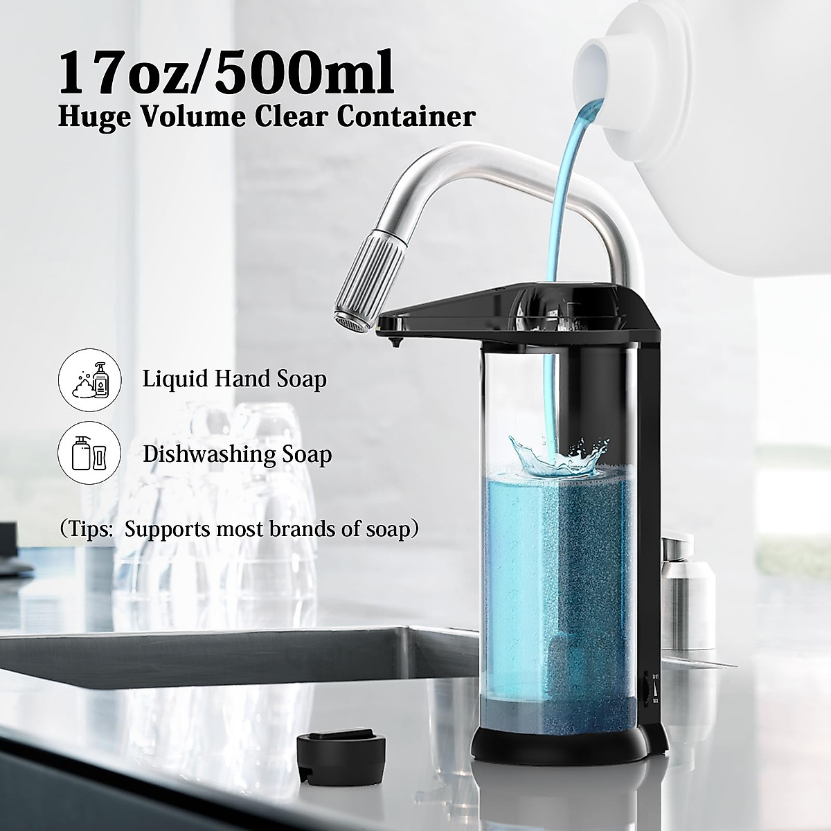 KESTERRA Automatic Soap Dispenser, 17oz/500ml Touchless Battery Operated Liquid Soap Dispenser with 7levels Adjustable Soap Volume, Perfect for Commercial or Household Use, Black