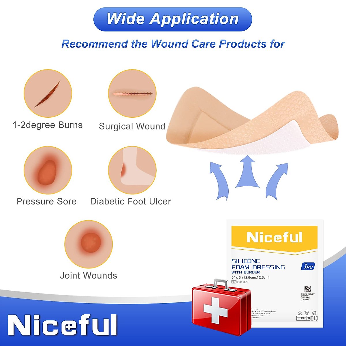 Niceful 5 Packs Silver Calcium Alginate Ropes0.8"x12“, 10 Packs Silicone Foam Dressing 5"x5", Highly Absorbent Wound Dressing Comfortable Wound Pads for Pressure Ulcer