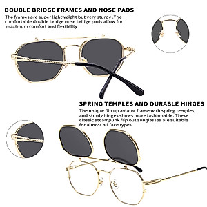 Dollger Flip Up Sunglasses Men Women Polarized Steampunk Flip Sunglasses with Double Lenses(Gold Frame Gray Lens)
