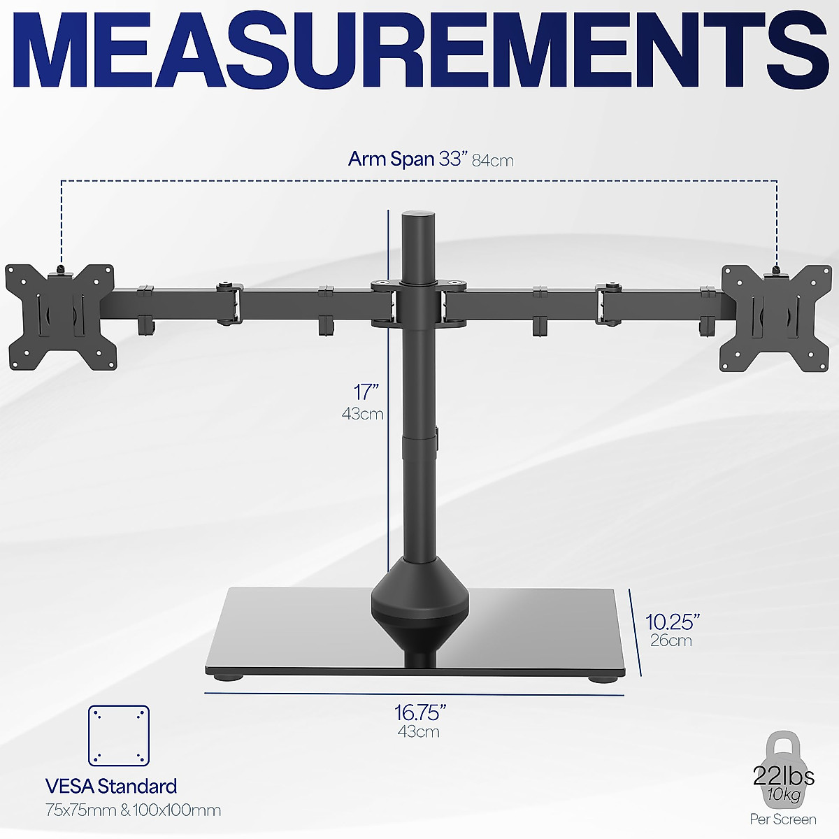 VIVO Freestanding Dual Monitor Stand with Sleek Glass Base and Adjustable Arms, Mounts 2 Screens up to 32 inch and 22 lbs Each, Black, STAND-V002FG