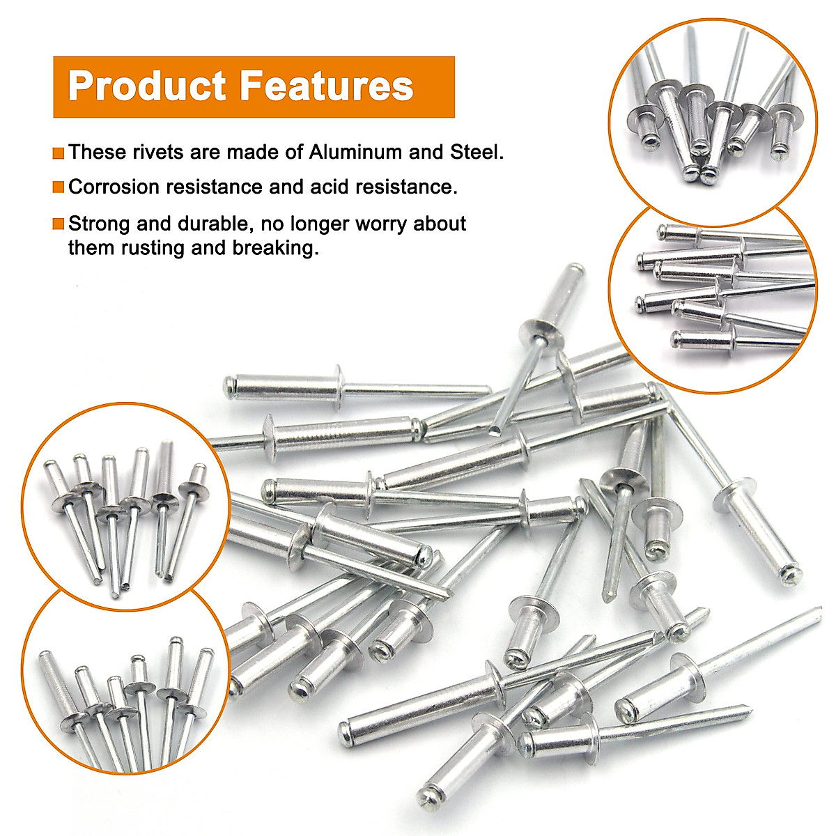 ISPINNER 100pcs 6 Sizes Aluminum Blind Rivets, Pop Rivets Assortment Kit 3/16" x (5/16" 3/8" 1/2" 5/8" 3/4" 1")(Silver)