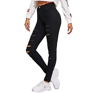 SweatyRocks Women's Hight Waisted Stretch Ripped Skinny Jeans Distressed Denim Pants Black-5 S
