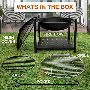 SereneLife Portable Outdoor Wood Fire Pit - 2-in-1 Steel BBQ Grill 26" Wood Burning Fire Pit Bowl w/ Mesh Spark Screen, Cover Log Grate, Wood Fire Poker for Camping, Picnic, Bonfire - SLCARFP54