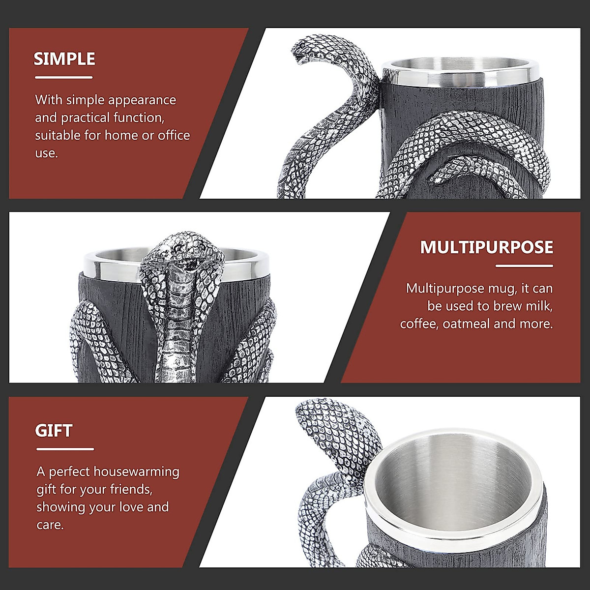 jojofuny Snake Coffee Mug Cup Cobra Drinking Cups, Stainless Steel Beer Mug Espresso Cup Beverage Mug for Milk Coffee Ice Cream Tea Juice (Black)