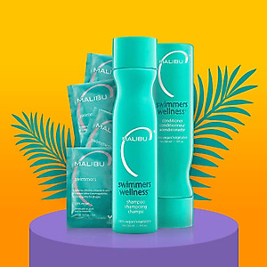 Malibu C Swimmers Wellness Collection - Swimmers Shampoo and Conditioner Set + Hair Mask Packets - Moisturizing, Shine Restoring Hair Care Kit - Protects Hair Discoloration from Pool Elements (6 Ct)