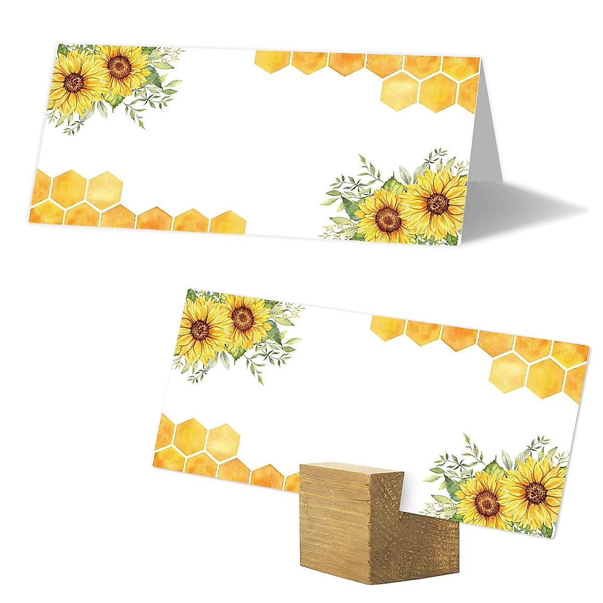 Whaline 100Pcs Summer Sunflower Place Cards Honeycomb Tented Cards Floral Seating Name Cards for Baby Shower Birthday Wedding Party Table Setting Supplies, 4 x 1.8 in