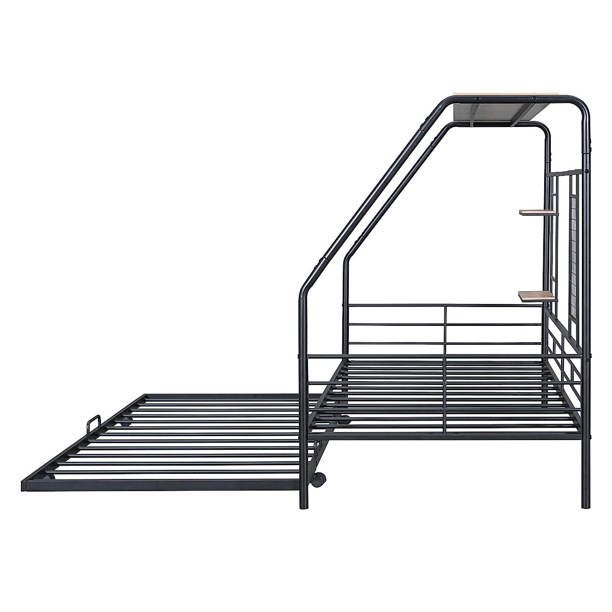 RUNNA Metal House Bed with Trundle, Built-in Shelf and Grid, Heavy Duty Metal Day Bed with Guardrail for Kids Boys Girls (Black, Twin)