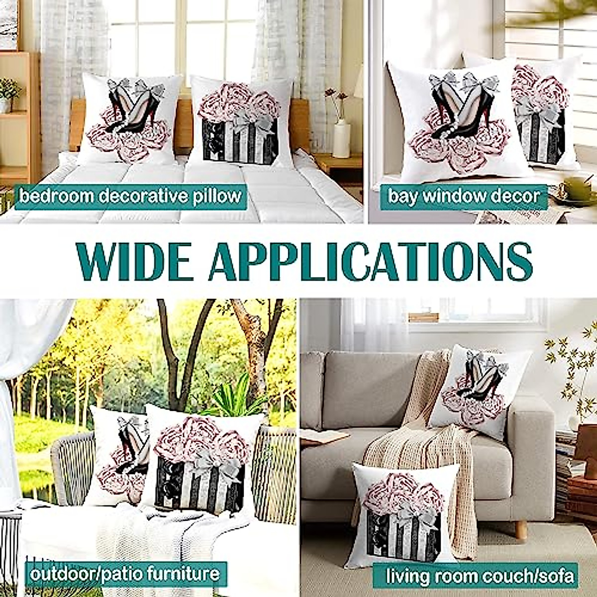 FCOZM Pink Gray Throw Pillow Covers Couch Bed Decorative Pillow Covers Fashion Handbag High Heels Flower Sofa Pillow Covers 18x18 Women Teen Girls Room Decor Soft Velvet Square Pillow Cases Set of 2