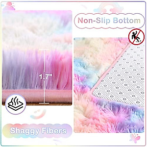 Ompaa Soft Fluffy Rainbow Kids Rug for Girls Bedroom Carpets, 4x6 Feet, Pastel Unicorn Room Decor, Kawaii Tie Dye Rugs for Teens Dorm Aesthetic, Shaggy Nursery Area Rug for Baby Toddler Princess Room