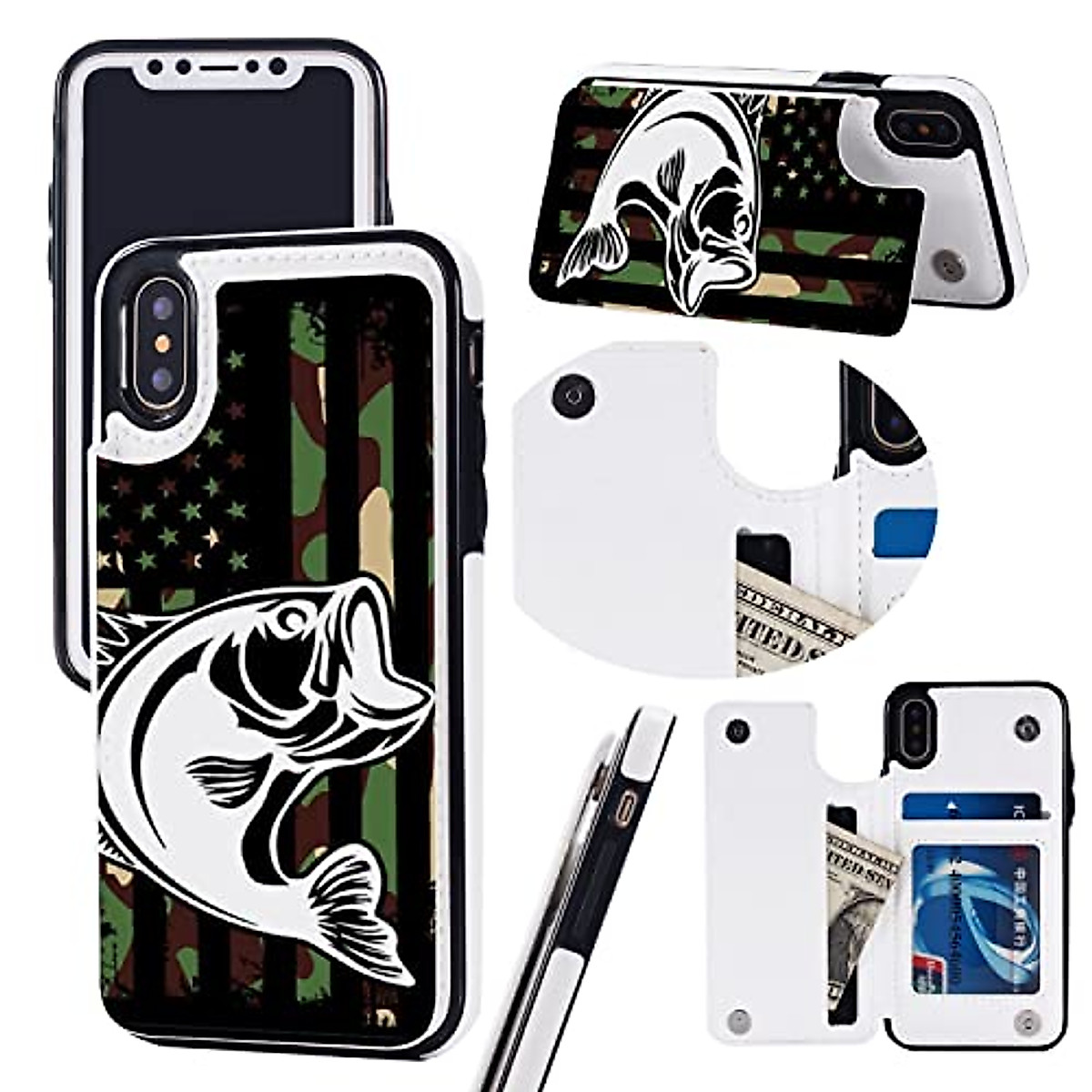 Camouflage American Flag Bass Fishing Wallet Phone Cases Fashion Leather Design Protective Shell Shockproof Cover Compatible with iPhone X/XS