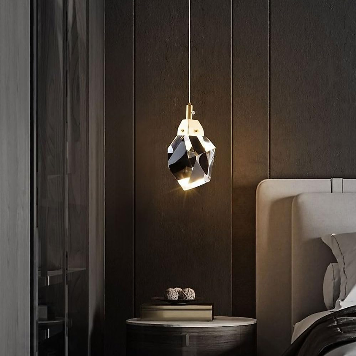 MOKLMD Gold Color Crystal Personality Shape Pendant Lamp.Chandelier Crystal Shade with Metal Head and Light Transmission.70.9in Adjustable Rope Hanging Lamp.for Bedroom, Dining Room Droplight