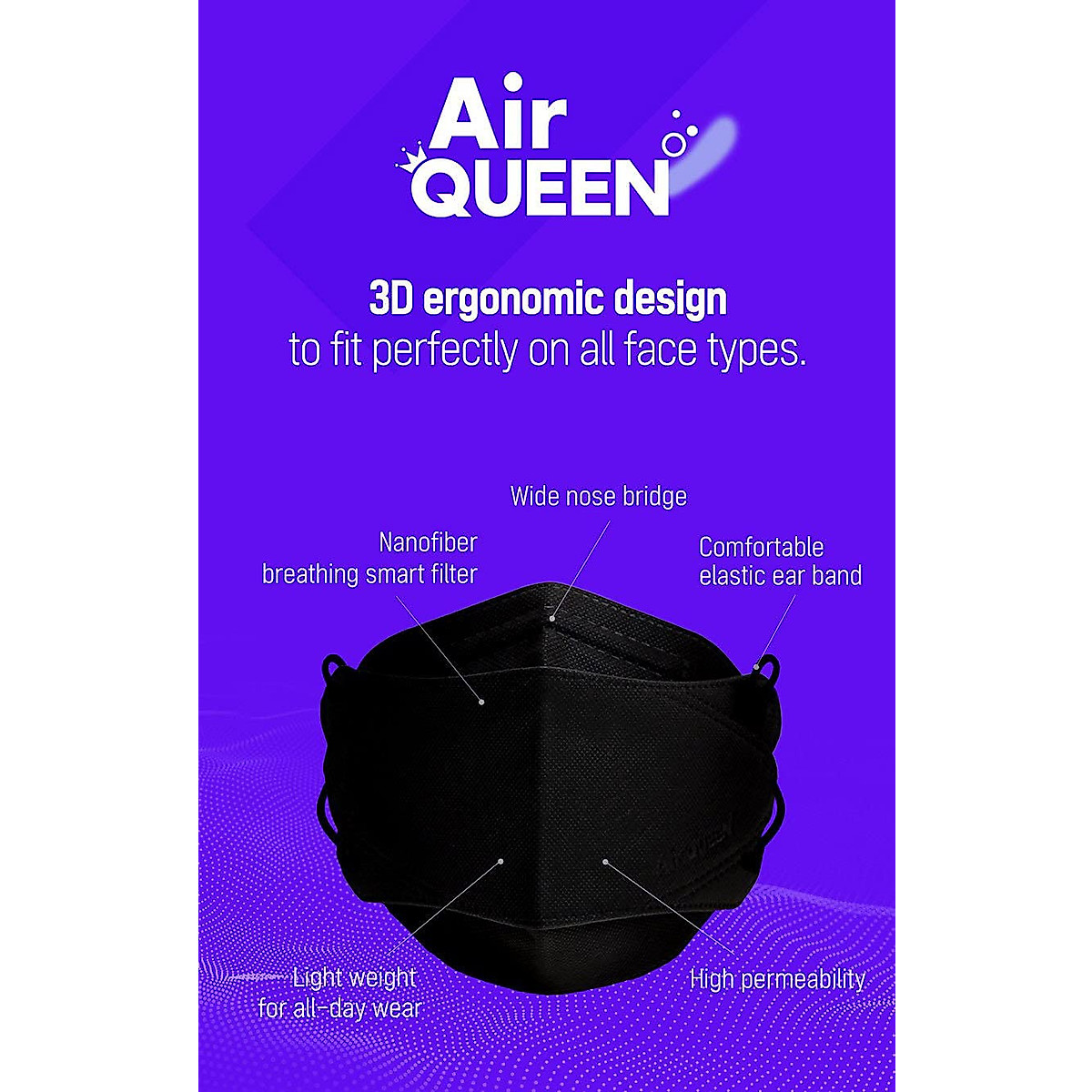 Black AirQueen Nano Fiber Filter Face Safety Mask for Adult, Individually Packaged, Made in Korea [Pack of 10]