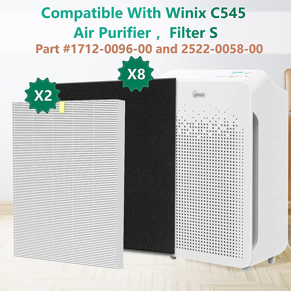C545 Replacement Filter S Compatible with Winix C545 Air Purifier, Replaces Parts 1712-0096-00 and 2522-0058-00, 2 Pack H13 True HEPA Filter + 8 Activated Carbon Filters