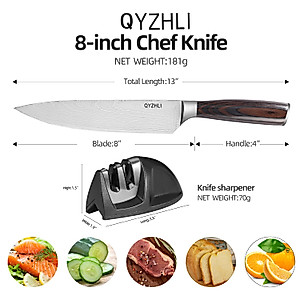QYZHLI Chef Knife - 8 Inch Damascus Knife Professional Kitchen Knife Chef's Knife 5CR15MOV Stainless Steel,With Knife Sharpener