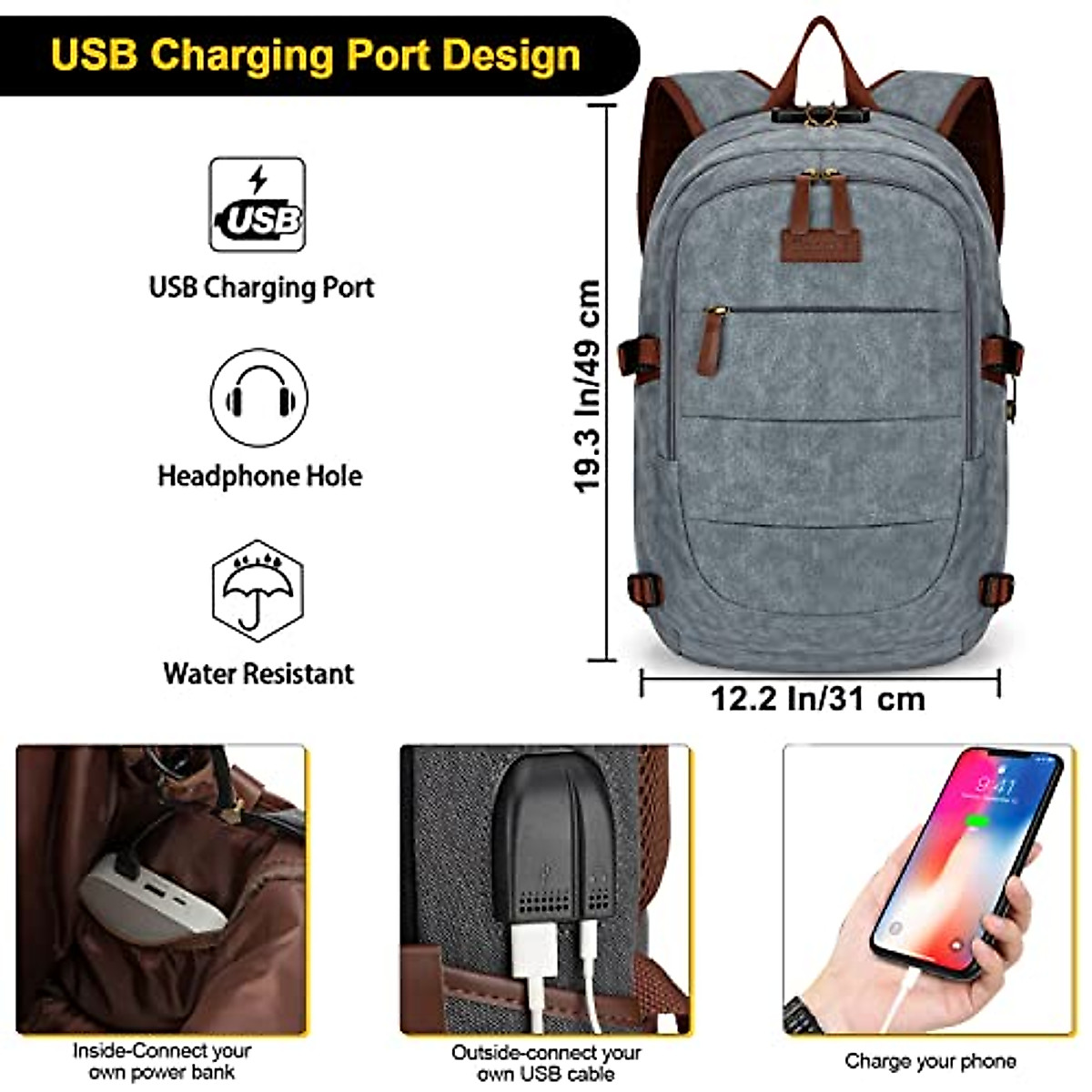 Canvas Laptop Backpack-Anti Theft Bag for Men Women,Rucksack Fits 15.6Inch Laptop, Work Travel Bookbag with USB Charging Port and Lock