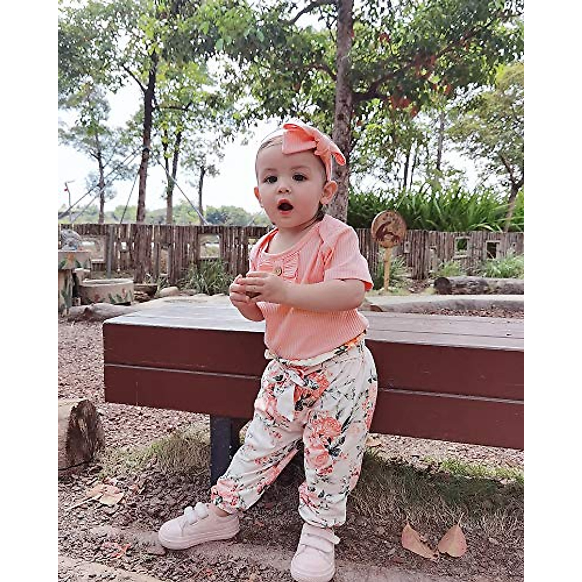 Mioglrie Newborn Baby Girl Clothes 3-6 Months Infant Girls Pink Romper Pants Headband 3PC Clothes Outfits Set