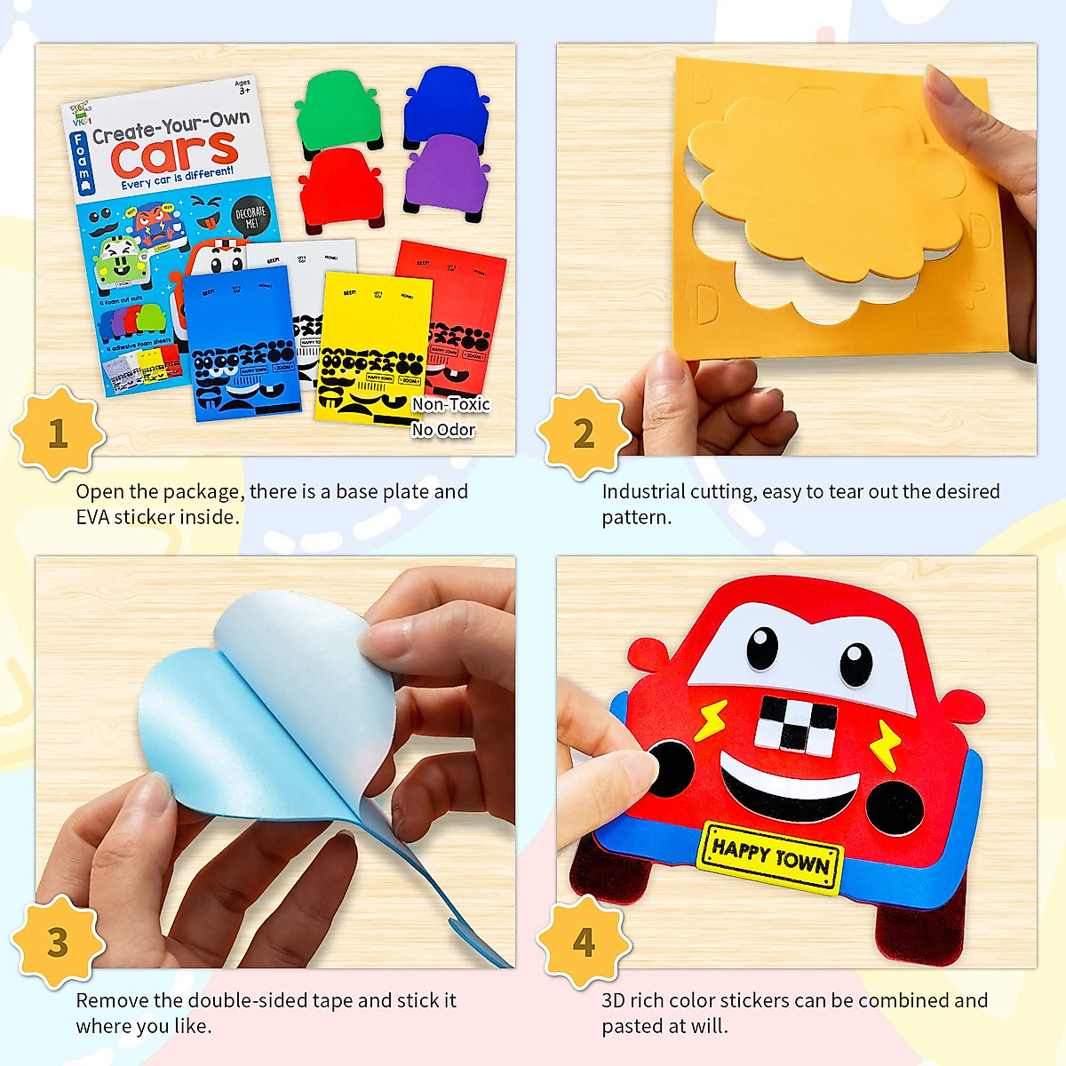 VKPI 4 Pieces EVA Foam Art Crafts Gift Kit, Creative Make Your Own Cars, Cartoon Foam Paper Craft Projects for Kids Ages 4+ Toddler, Preschool Learning Toy for Birthday Party Favor Supplies