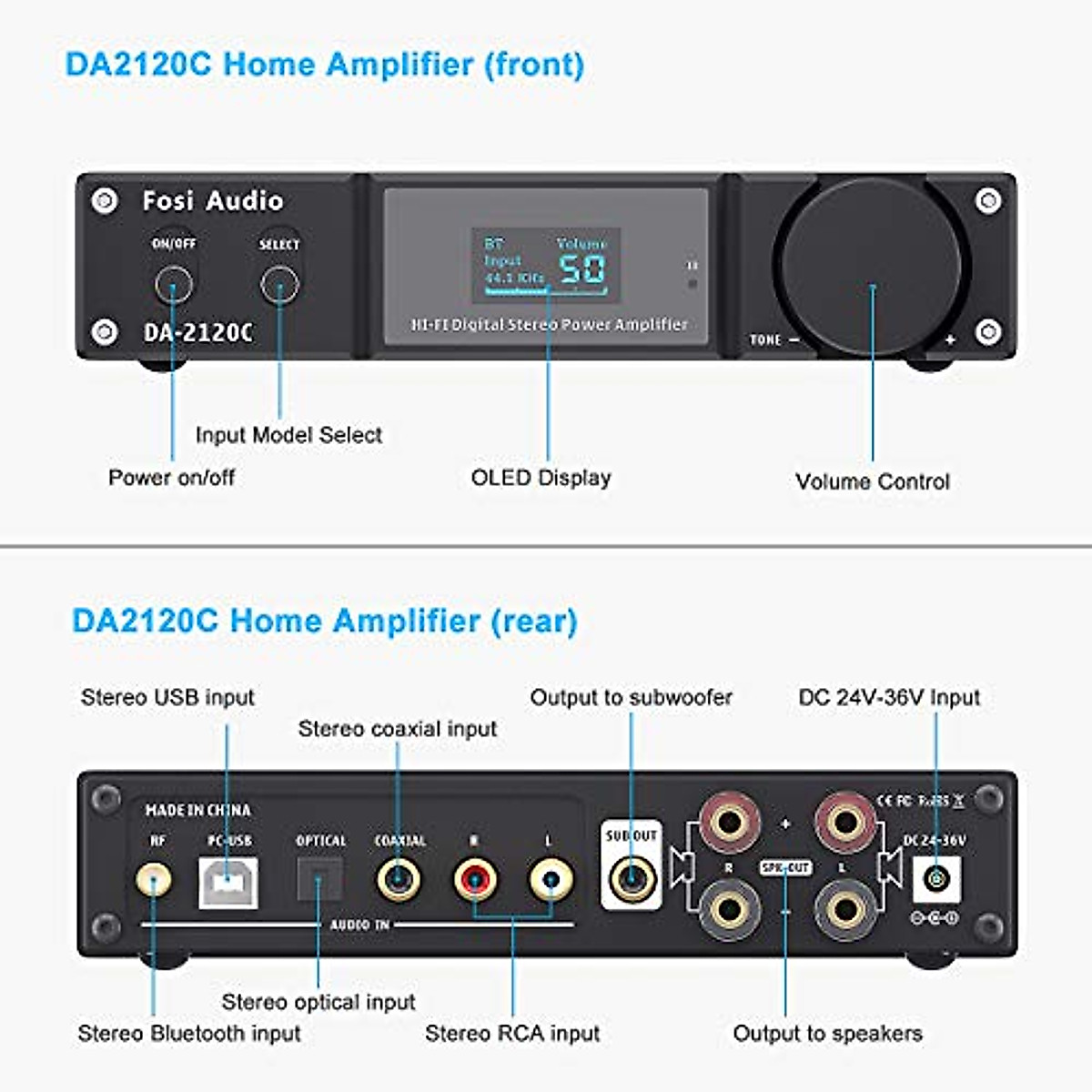 Fosi Audio DA2120C 240W Bluetooth 5.0 Stereo Audio Hi-Fi DAC Amplifier Support aptX 24Bit-192kHz 2.1 Channel Integrated Class D Power Amp with RCA/PC-USB/Coaxial/Optical Input and Remote Control