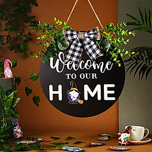 Gnome Wooden Seasonal Welcome Door Sign Interchangeable Welcome to Our Home Round Wood Hanging Front Door Sign with Burlap Bow with 12 Seasonal Ornament for Independence Day Holiday Porch (Black)