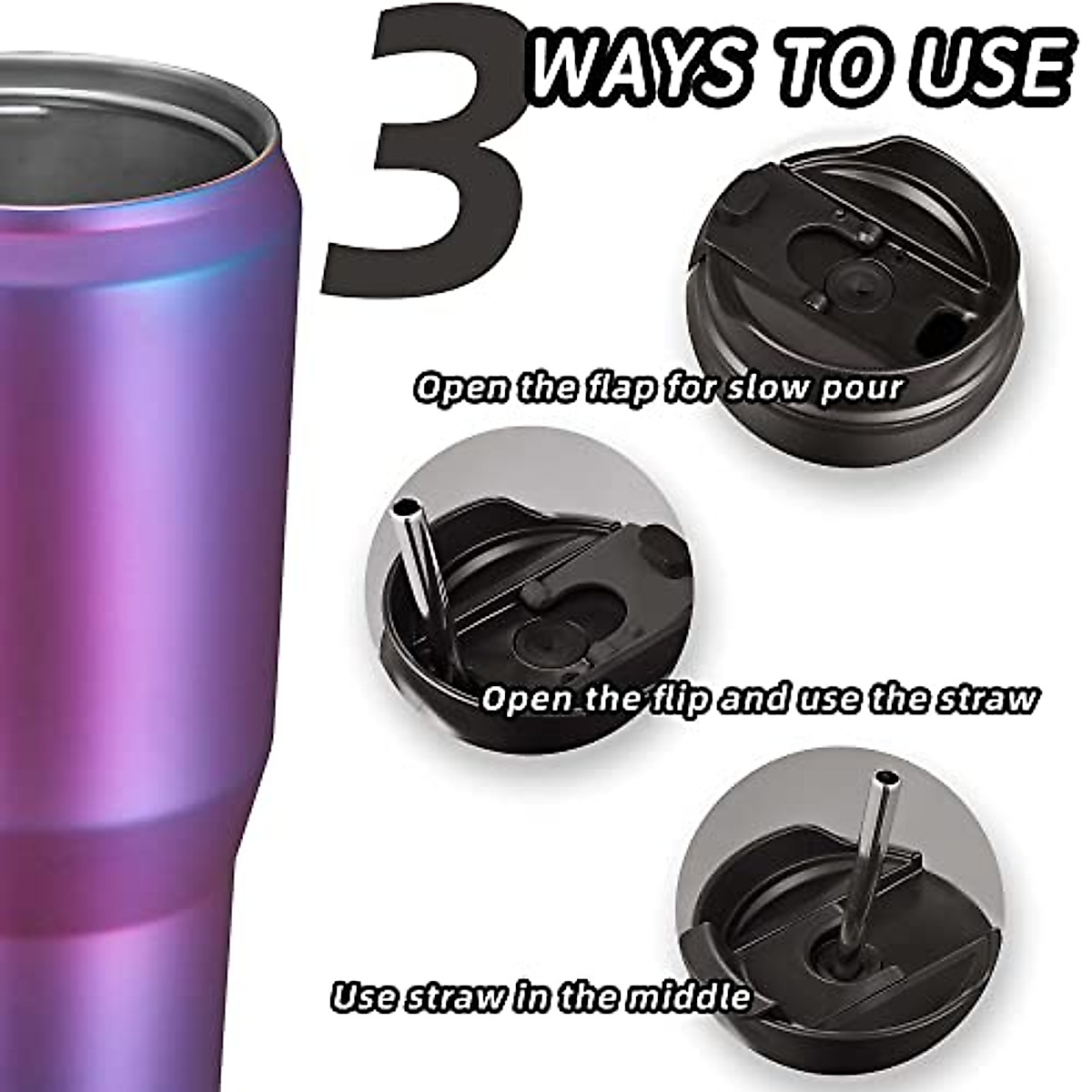 Zibtes 40oz Insulated Tumbler With Lid and Straws, Stainless Steel Double Vacuum Coffee Tumbler With Handle, Keeps Drinks Cold up to 34 Hours or Hot for 12 Hours(Twilight 1 pack)