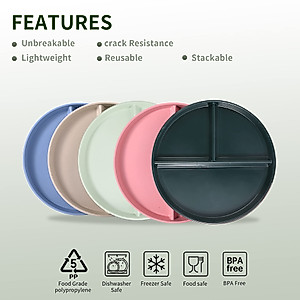 9" Unbreakable Divided Dinner Plate / 5 Wheat Straw Plastic Round Dinner Plates / Colorful Reusable 3 Compartment Dinner Plate / Microwave & Dishwasher Safe, Bpa Free, Child/Adult Separate Plates