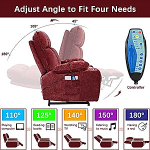 Electric Power Lift Recliner Oversize Chair Dual Motor Vibration Massage Heated Gift Fabric Single Sofa for Elder with Side Pockets Cup Holders for Living Room 180 Degree for Flat Sleeping