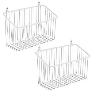 mDesign Small Metal Wire Wall Mounted Storage Organizer Basket Bin for Hanging in Kitchen, Garage, Entryway, Mudroom, Bedroom, Bathroom, Laundry Room - Unity Collection - 2 Pack - White