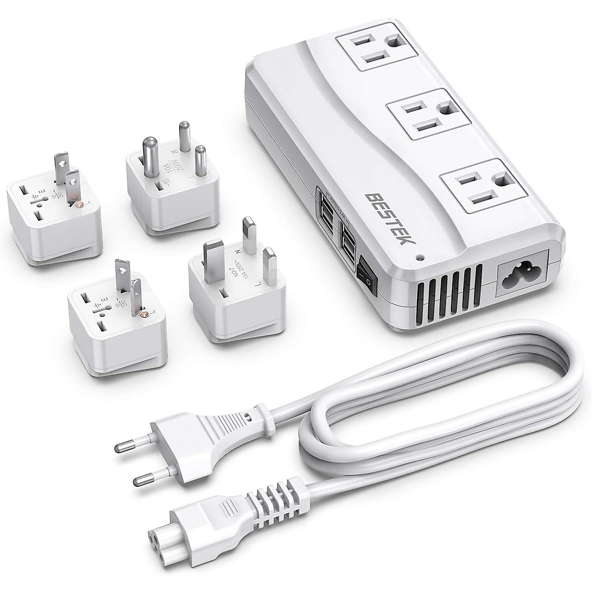 BESTEK Universal Travel Adapter 100-220V to 110V Voltage Converter 250W with 6A 4-Port USB Charging 3 AC Sockets and EU/UK/AU/US/India Worldwide Plug Adapter (White)