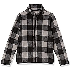 Amazon Essentials Boys' Polar Fleece Full-Zip Mock Jacket - Discontinued Colors, Black Grey Buffalo Check, Small