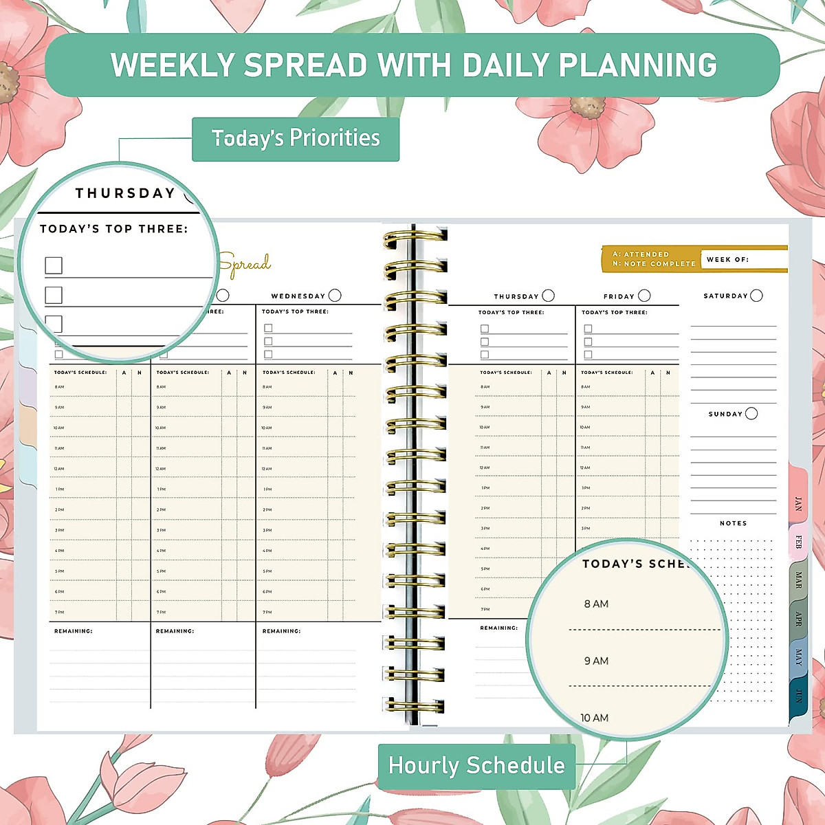 Undated Monthly Weekly Planner/Calendar, Monthly Planner with Daily Agenda & Hourly Schedules, 2023 July-2024 July Academic Work Planner, 12 Monthly Tabs, 8.4" x 6.3", Twin-Wire Binding (flower)