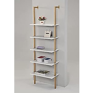 RAAMZO Modern 5-Tier Ladder Shelf, Open Wall-Mounted Bookshelf with Metal Frame, Storage Rack Shelves, Bookcase for Home Office - White / Gold - 72" Height
